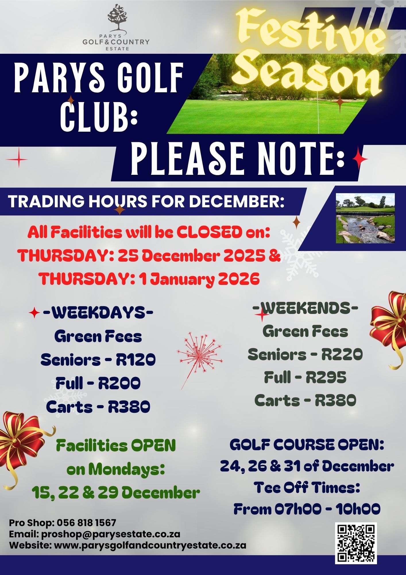December 2025 Trading Hours - Parys Golf & Country Estate